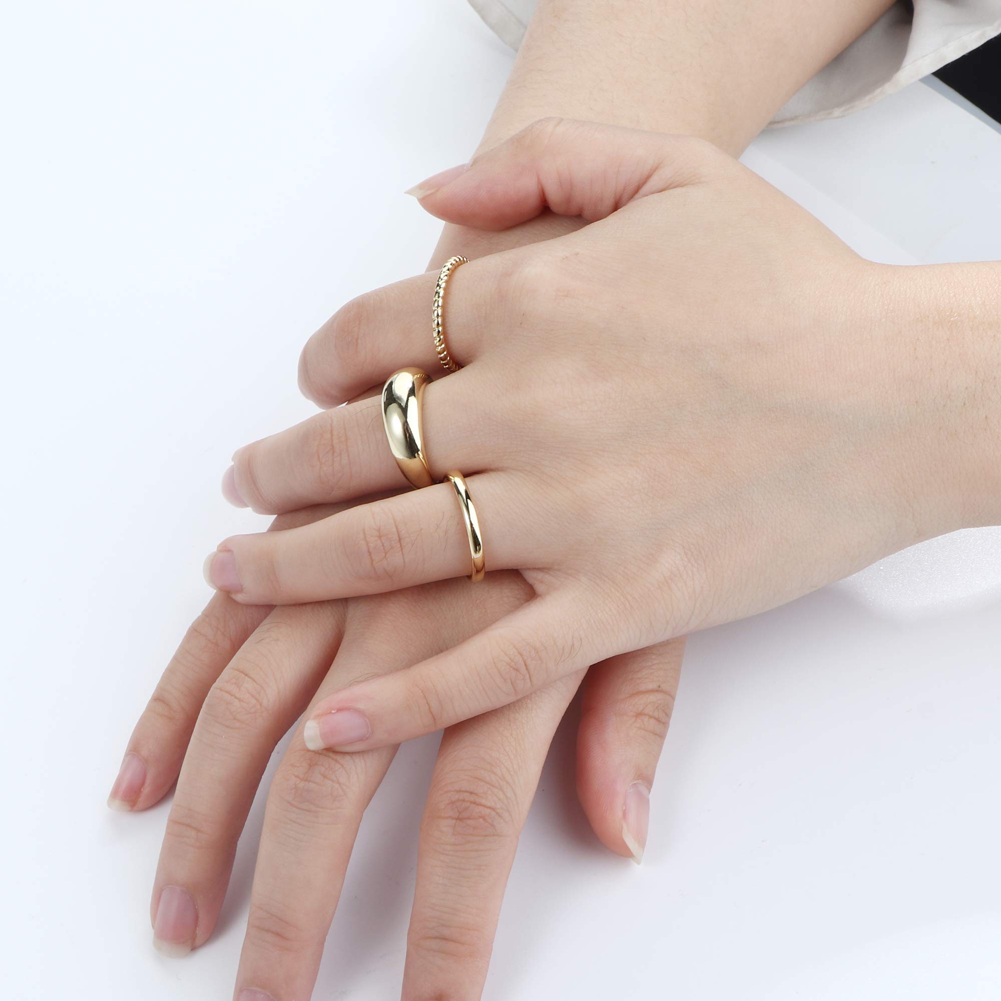 FIBO STEEL 3Pcs Chunky Gold Ring for Women Egirls 18K Gold Plated Thick Dome Rings Thin Twisted Stacking Band Rings Minimalist Statement Ring Size 6-10