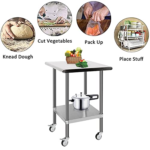 MYOYAY Commercial Stainless Steel Table with Caster Wheels 24"x24" Kitchen Worktables with Backsplashs Prep Food Workbench Under Shelf 110~220lbs Capacity for Restaurant