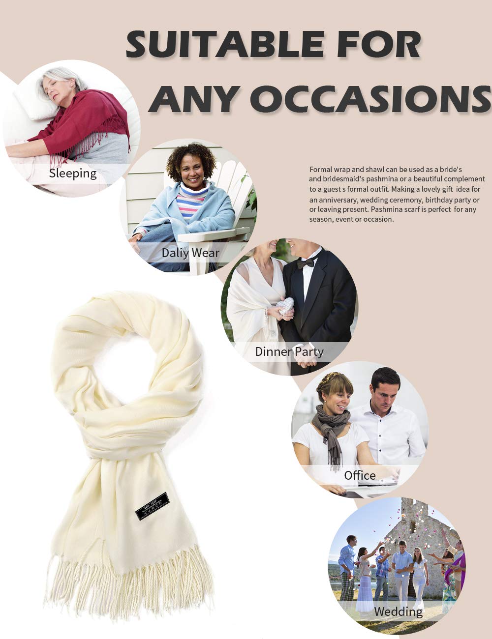 EASE LEAP Pashmina Scarfs for Women Silky Shawls and Wraps for Evening Dresses Soft Large Scarves Wedding Warm Stylish Solid Color, Ivory