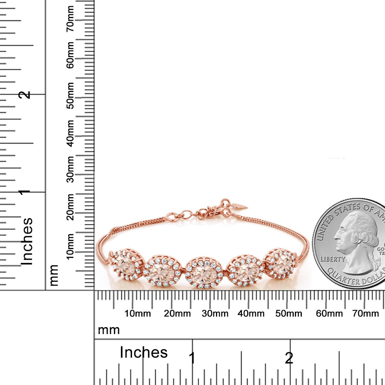 Gem Stone King 18K Rose Gold Plated Silver Peach Morganite Tennis Bracelet For Women (4.29 Cttw, Oval 7X5MM, 7 inches + 1.5 inches Extender)