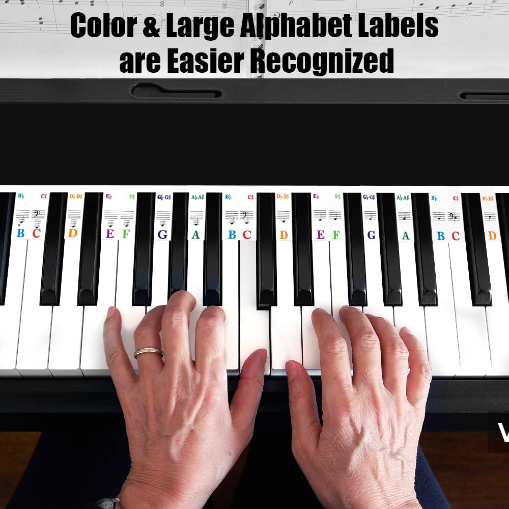 HiFan Removable Piano Keyboard Note Labels Without Sticking, 2 in 1 Piano Key Labels with Pitch Name & Staff, Durable Piano Note Labels for Beginner (88-key Standard Full Size)