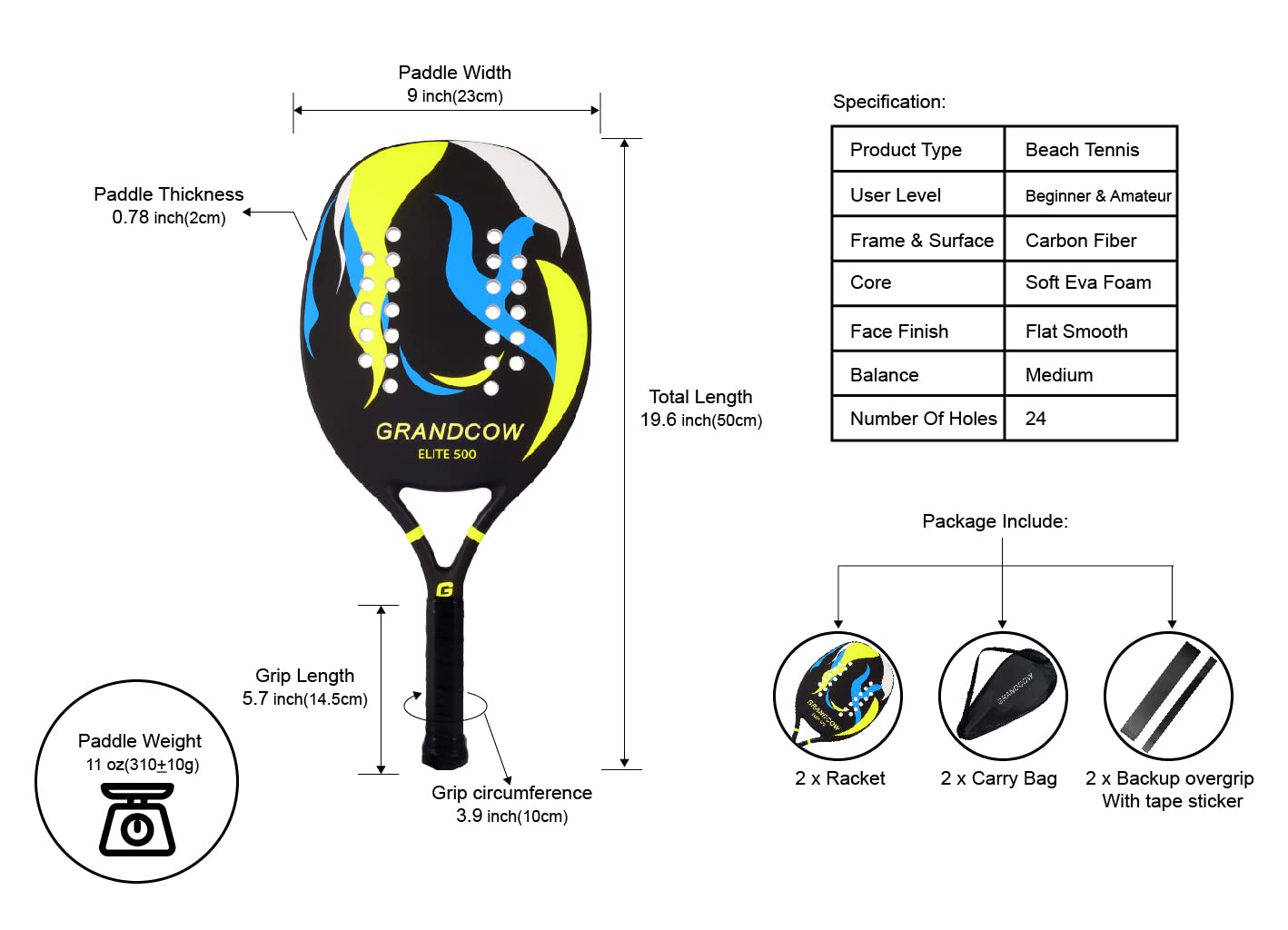 GRANDCOW Beach Tennis Paddle Racket Carbon Fiber with EVA Memory Foam Core Tennis Padel (2Pcs Black)