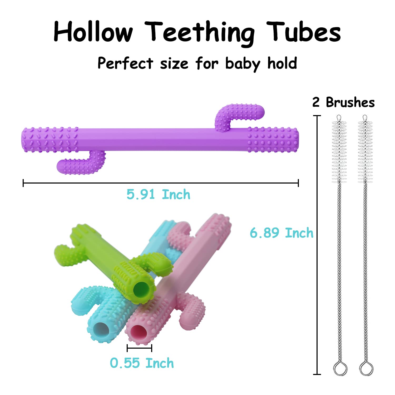 Hollow Teether Tubes, 5 Pack Chew Straw Toy with 2 Brushes, Windolphin Teething Toys for Babies 0-12 Months, Baby Molar Toy, Free BPA, Dishwasher and Freezer Safe