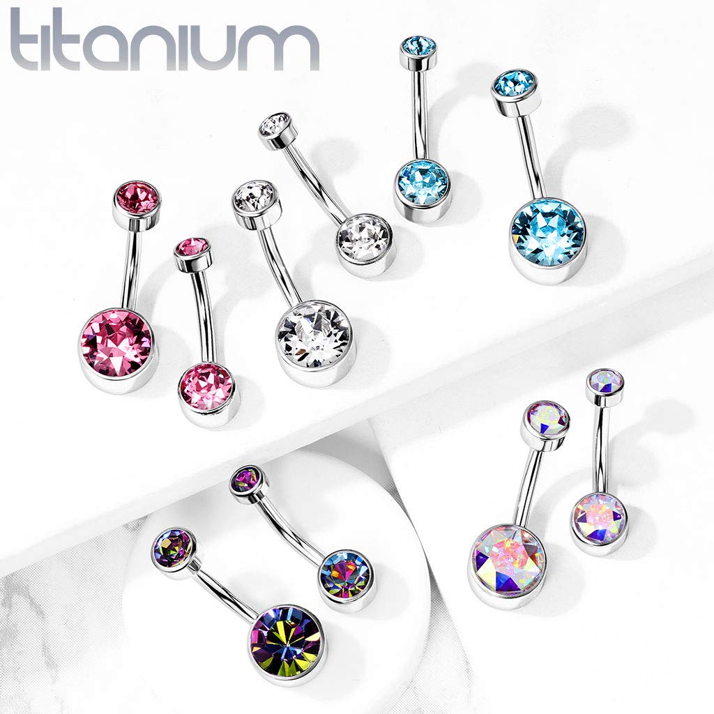 Dynamique Implant Grade Titanium Internally Threaded Top Double Round Swarovski Crystal Bezel Set Belly Button Ring (Sold Per Piece)