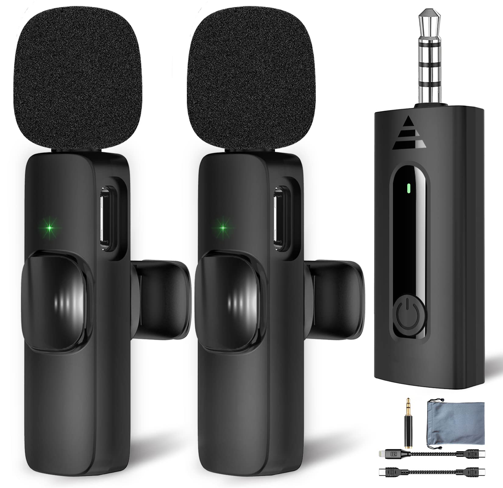 HIKATOP Wireless Lavalier Microphone for iPhone, Android, PC - Omnidirectional Polar Pattern, TRRS to TRS Adapter Included, 2 Pack Mics