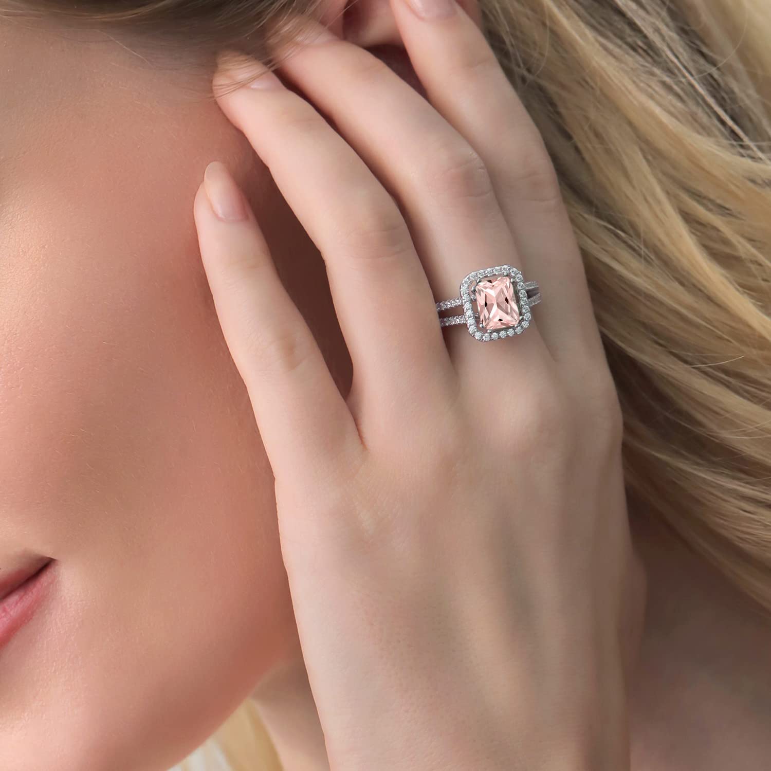 Gem Stone King 925 Sterling Silver Peach Simulated Morganite Ring For Women (2.78 Cttw, Emerald Cut 9X7MM, Available In Size 5, 6, 7, 8, 9)