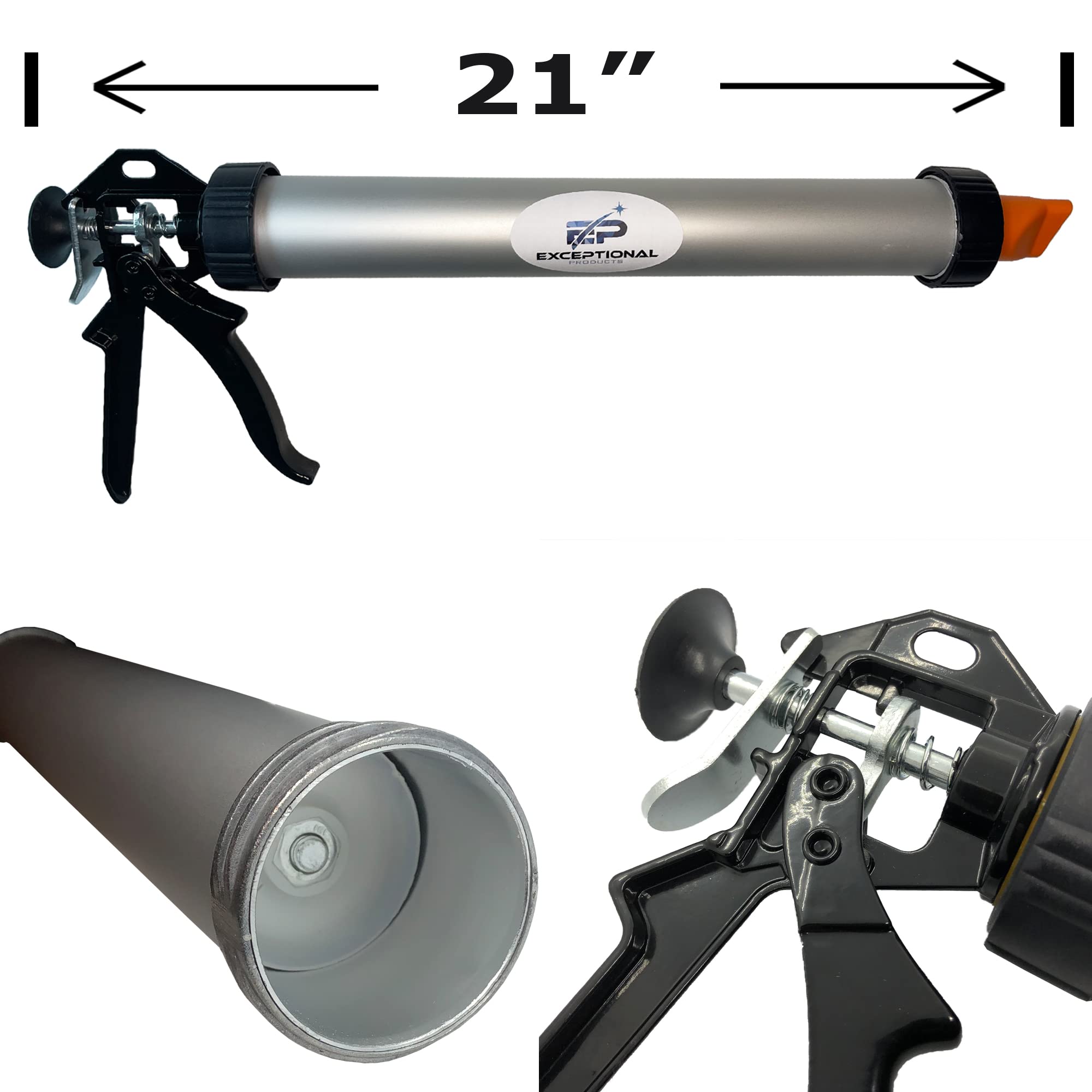 EXCEPTIONAL PRODUCTS – EP26 – MORTAR POINTING GROUTING GUN – 26oz Capacity – 12:1 Trigger Pull – Use for Brick, Stone, Cement Mortar or Grout-Includes (3) Tips, Fill Scoop & extra Plunger Tip (1)