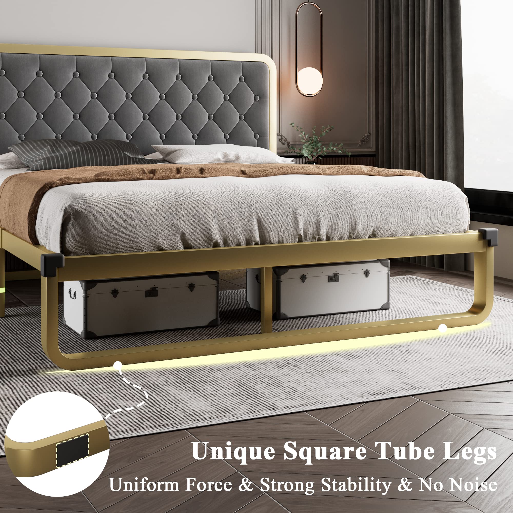 Feonase Queen Size Platform Bed Frame with Heavy-Duty Steel Slats, Velvet Upholstered Bed Frame with 12" Storage Space, No Box Spring Required, Noise Free, Easy Assembly, Golden and Gray