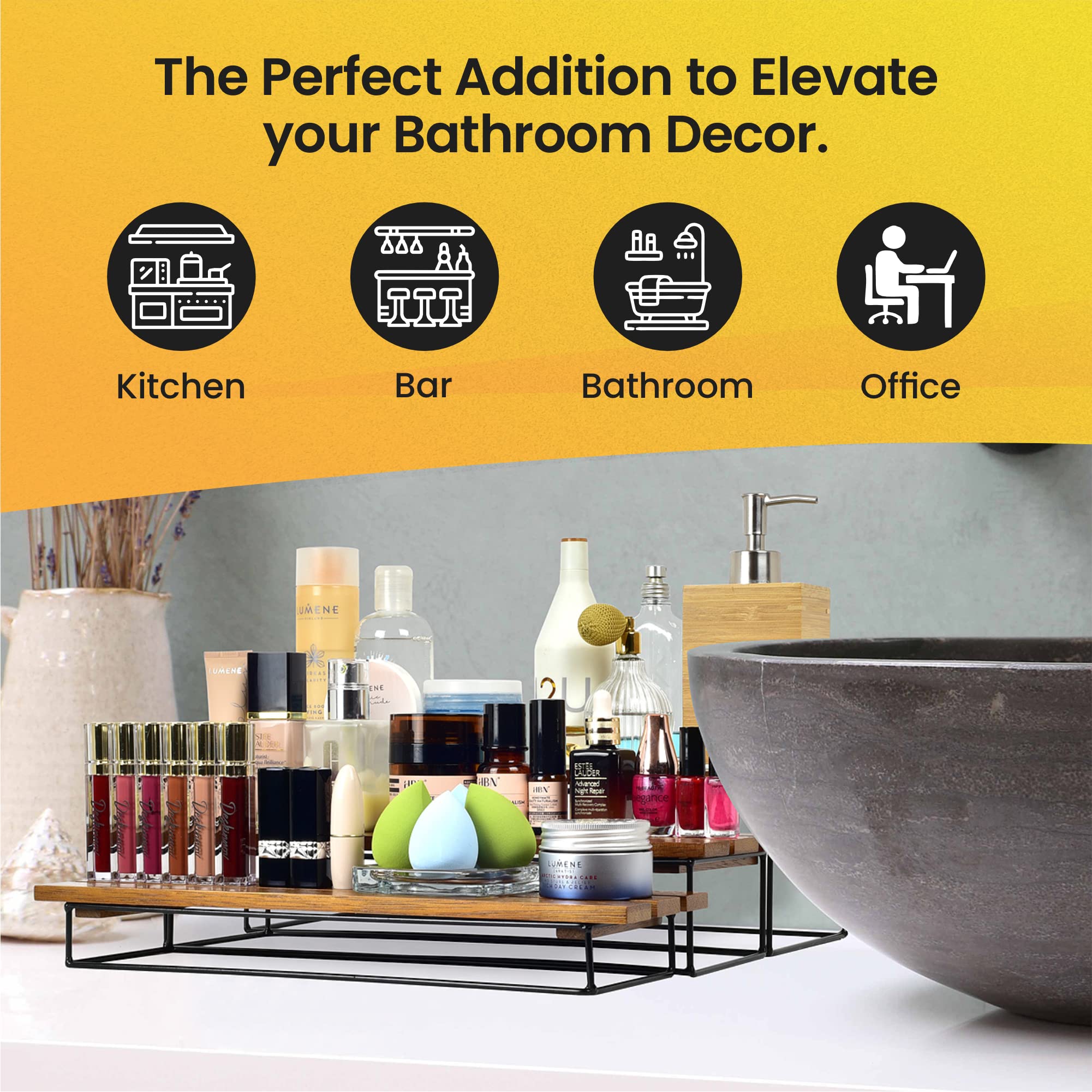 Hardware Haus Walnut Wood Wooden Cupcake Stand 3-Tier Wooden Display Stand with Black Metal Base, Rectangle Tower Display Stands for Vendor Events Walnut Wood (16" Set)