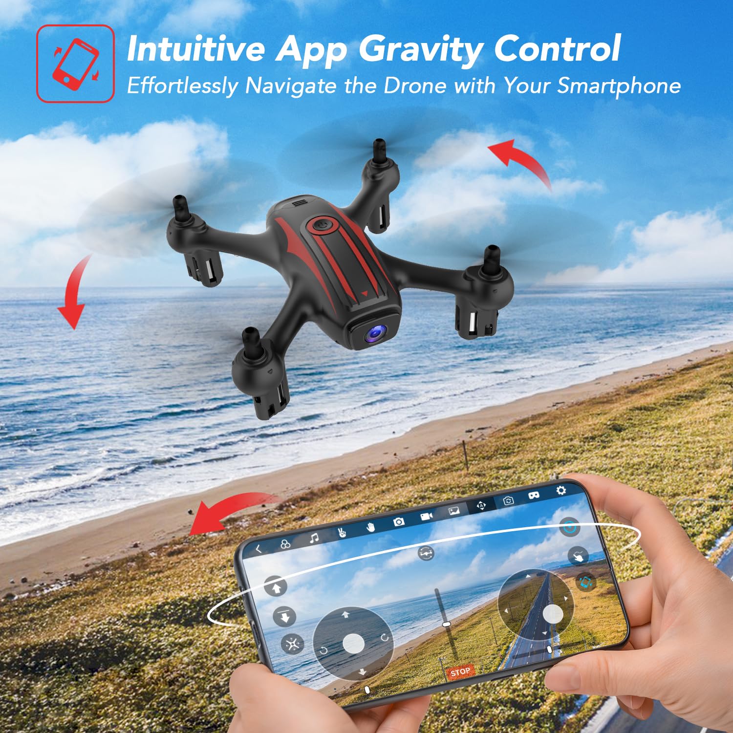 Elukiko Drone with Camera for Adults Kids, 1080P HD FPV WIFI Mini Drones, RC Quadcopter Helicopter with 2 Batteries, Throw to Go, High-Speed Rotation, 3D Flips, Waypoints Fly, Gravity Control, Gesture