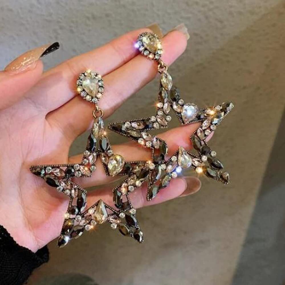 Missgrace Gold Women's Long Sparkling Crystal Drop Earrings Star Rhinestone Dangle Earrings for Bridal Wedding Party Jewelry