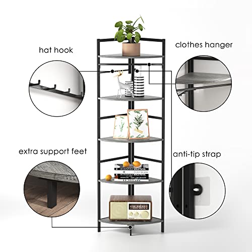 QNICE 5 Tier Industrial Corner Shelf Stand, Tall Rustic Coat Rack, Wood and Metal Corner Shelving (Dark Grey Oak)