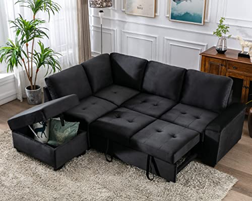 UBGO Sectional Modern L Shape Corner Convertible Sleeper Combination Sofa Bed Ottoman and Storage Hidden Arms Pull Out Sheet for Living Room Apartment, Black G