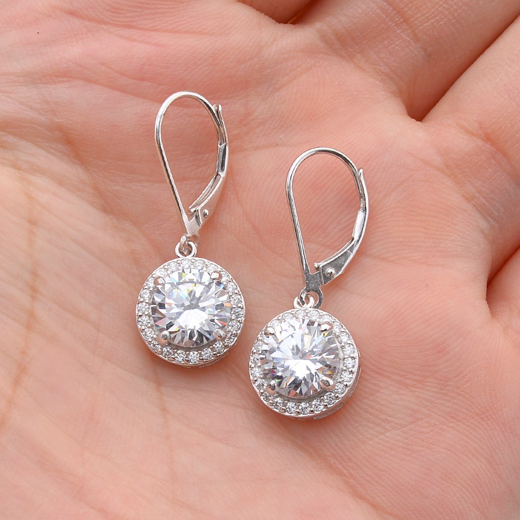 EVER FAITH 925 Sterling Silver Elegant Round CZ Prong Setting Leverback Dangle Earrings Clear