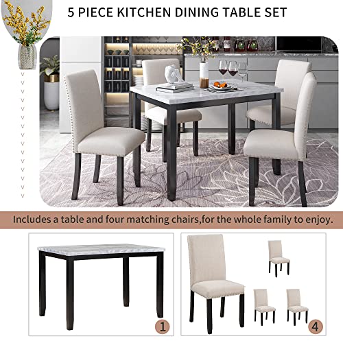 UBGO Wooden, 5 Piece Square Faux Marble Table, 4 Padded Cushion Chairs Room Home Kitchen White/Beige+Black, 4-Seater Dining Set