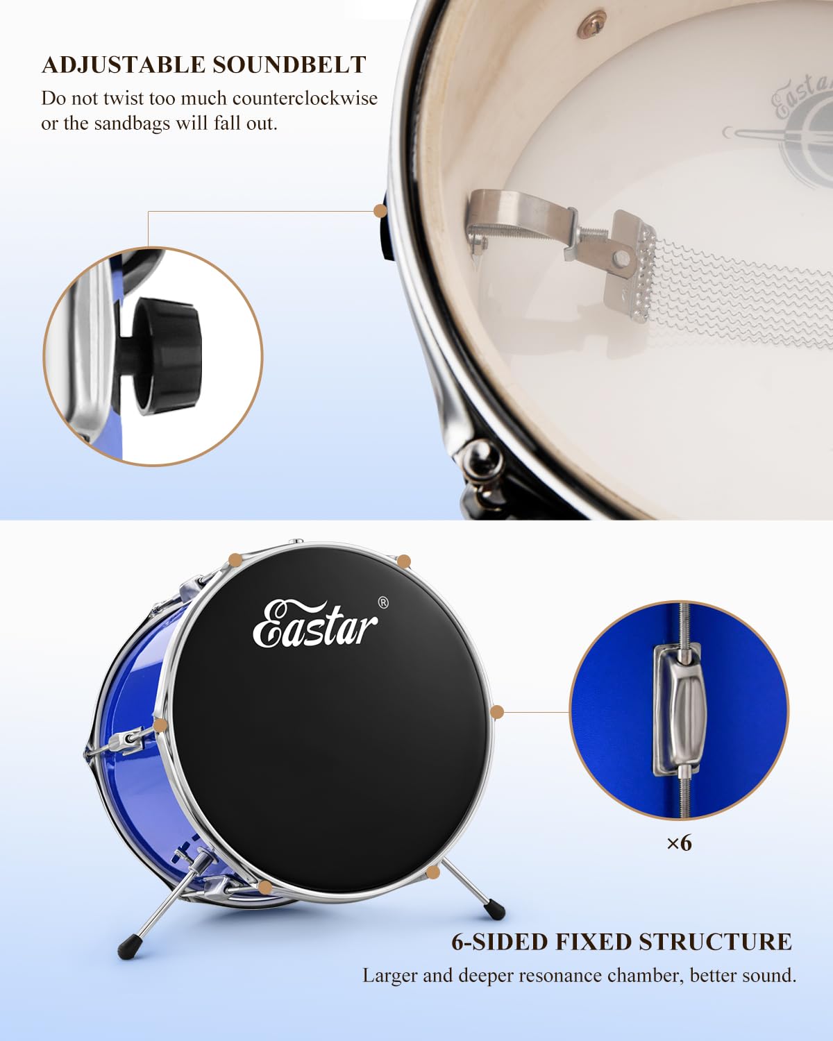 Eastar Kids Drum Set 16 inch 3-Piece, Junior Drum Set Kit with Throne, Cymbal, Pedal & Drumsticks,Metallic Blue (EDS-280Bu)