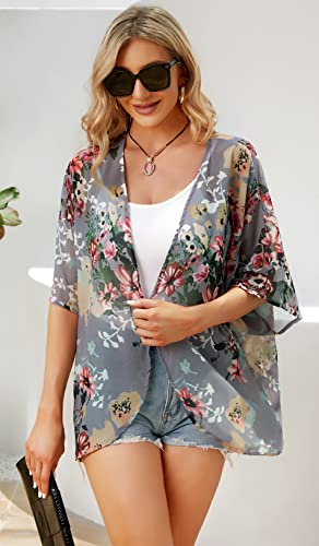 Women's Floral Print Puff Sleeve Kimono Cardigan Loose Cover Up Casual Blouse Tops (Dark Grey, XL)