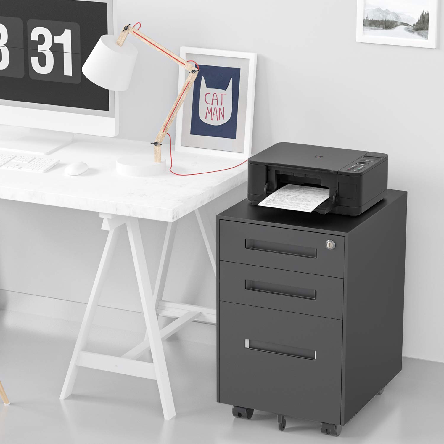FORSTEEL File Cabinet, 3 Drawers Mobile Filing Cabinet with Lock, Steel File Cabinet A4 Size, Fully Assembled with Anti-tilt Setting for Home Office (Black)