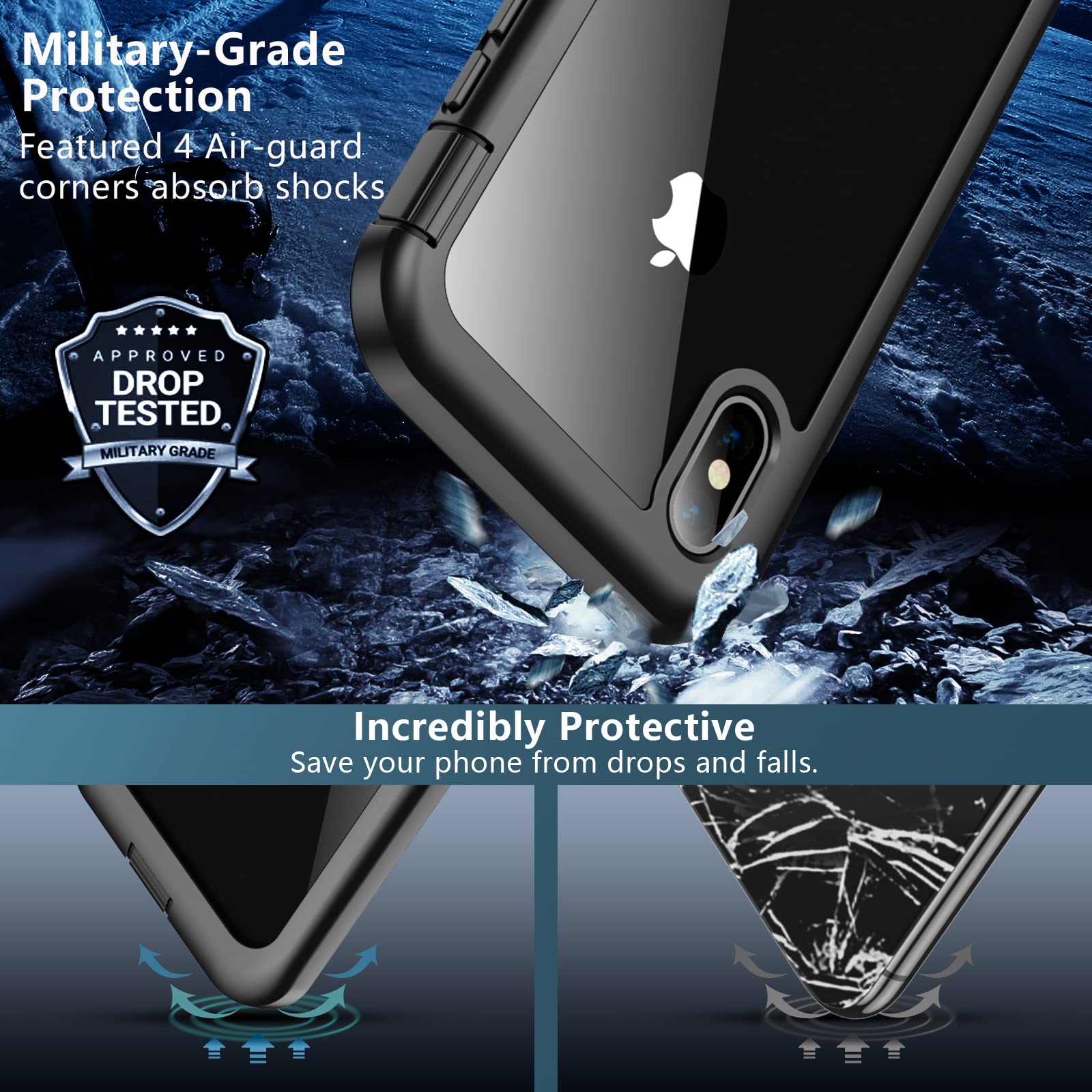 Eonfine for iPhone X Case,for iPhone Xs Case, Built-in Screen Protector Full Body Protection Heavy Duty Shockproof Rugged Cover Skin for iPhone X/Xs 5.8inch (Black/Clear)