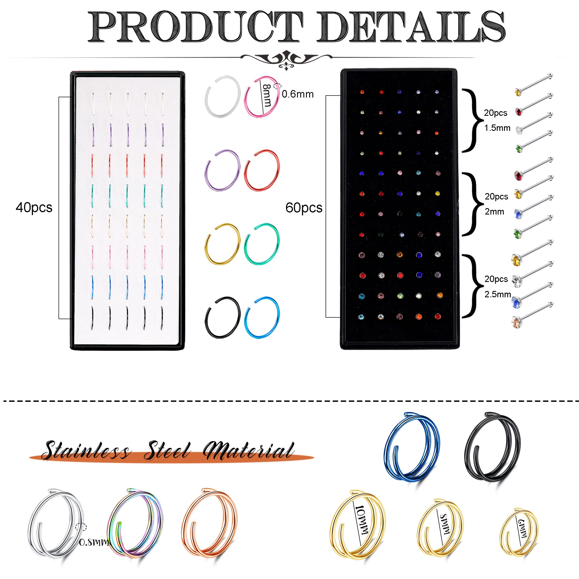 FIBO STEEL 118 Pcs Surgical Steel Double Nose Rings for Women Men Nose Ring Studs and Hoops 20G Bone Nose Studs Ring Nose Piercing Jewelry