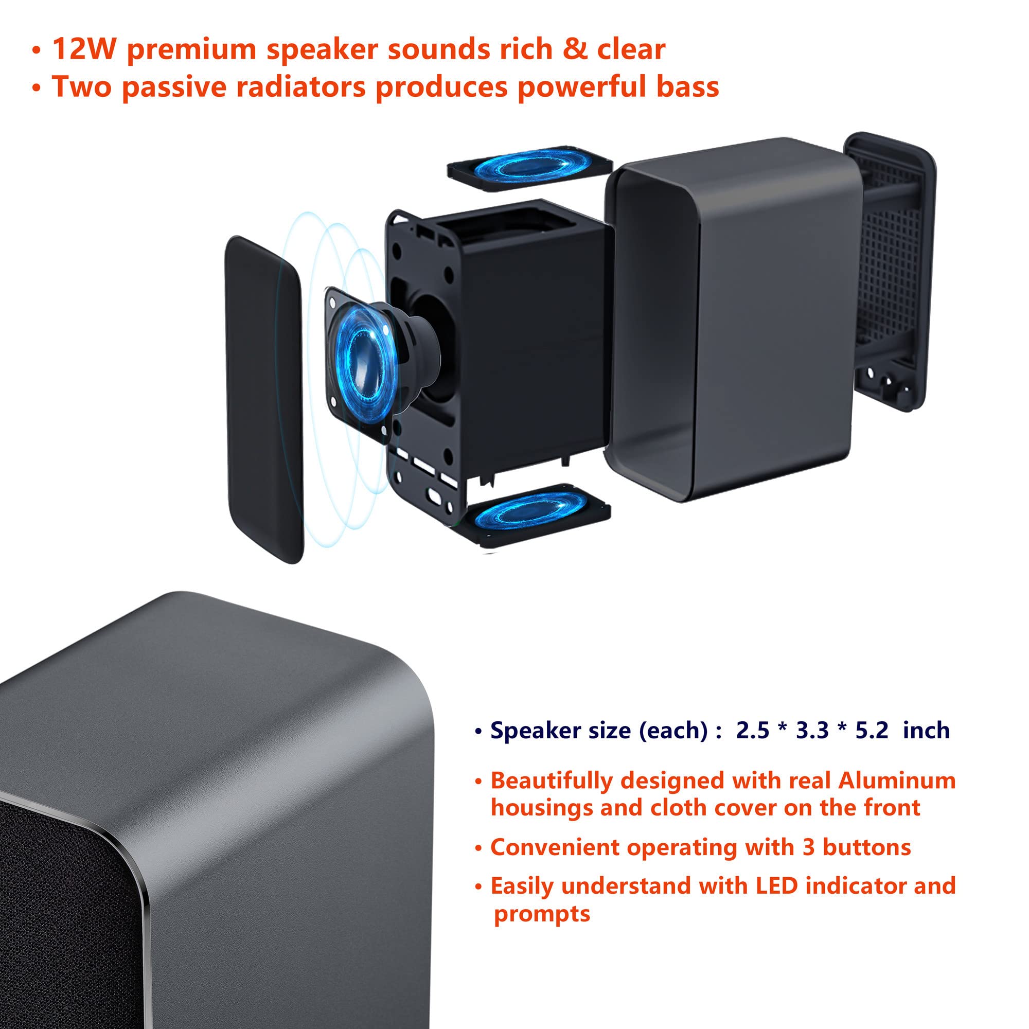 KEiiD Bluetooth Computer Speakers with Aluminum Housing PC Speakers for Laptop Desktop Gaming Stereo Wireless Speaker