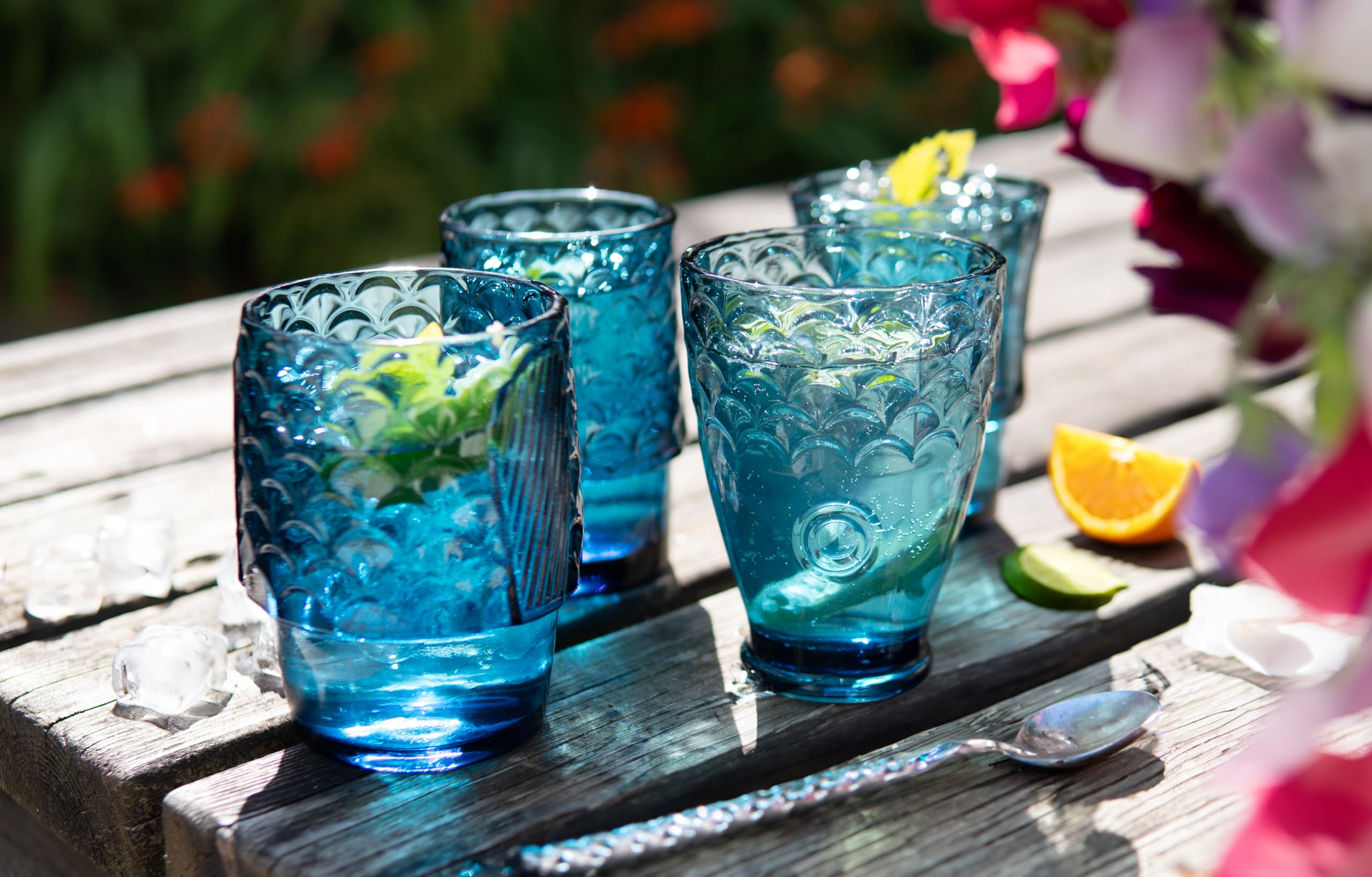 Gökotta Set of 4 | Handmade Stacking Koi Carp Fish Drinking Glasses | Natural Blue Glass Tumblers | Retro Fun Quirky Gift Present | Dinner Party Cocktail Water Juice Coffee Mugs Cups | 4PCS 250ml