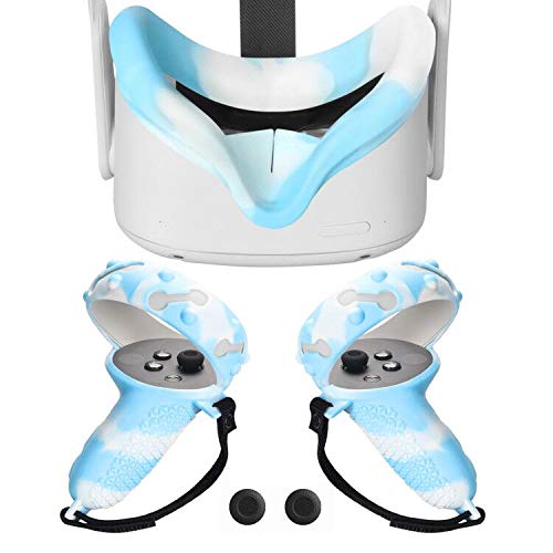 Eyglo VR Silicone Face Cover and Controller Grip Cover Straps for Oculus/Meta Quest 2 Anti Slip Anti-Throw (Bluemixed)