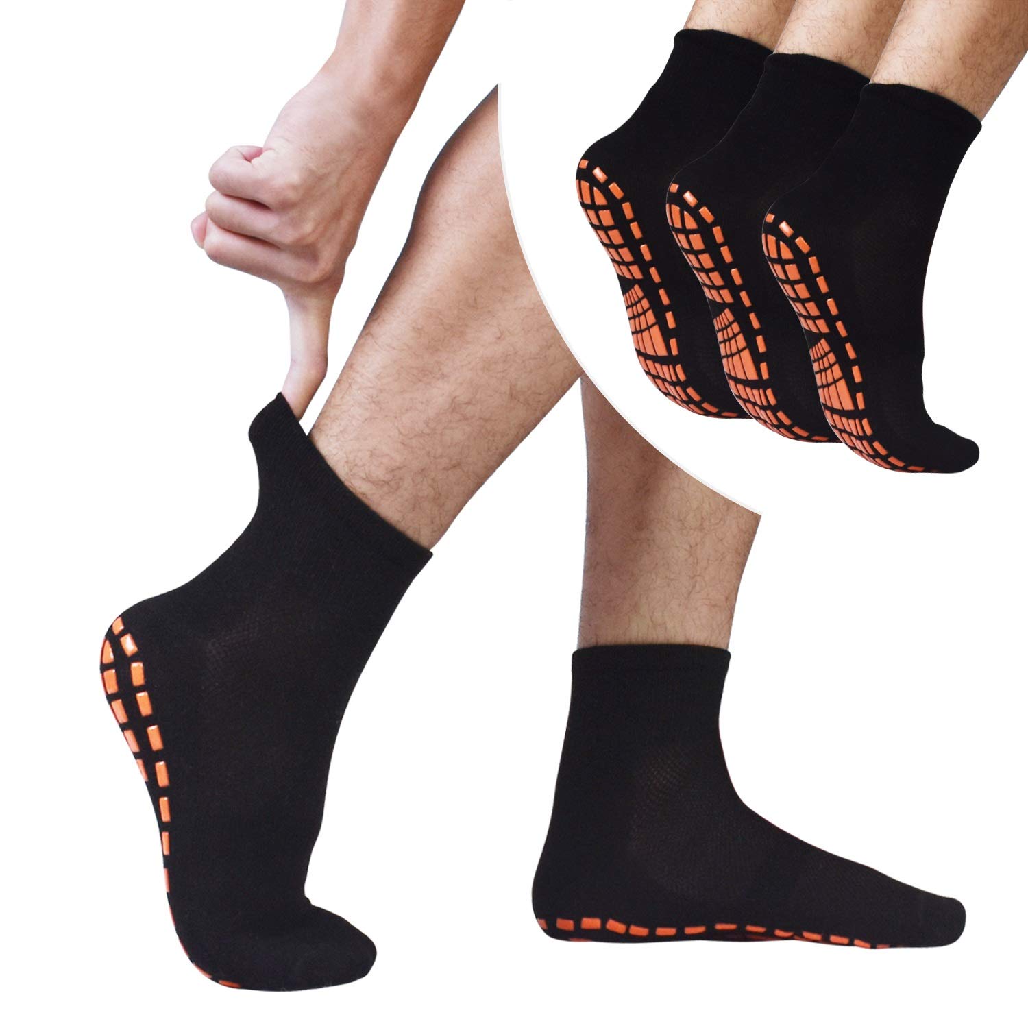 GRPSKCOS Non Slip Socks for Men House Socks with Grips 3 Pairs Anti-Skid Yoga Pilates Tile Wood Floors Hospital Slipper Socks (02 Black+black+black, 7-10)