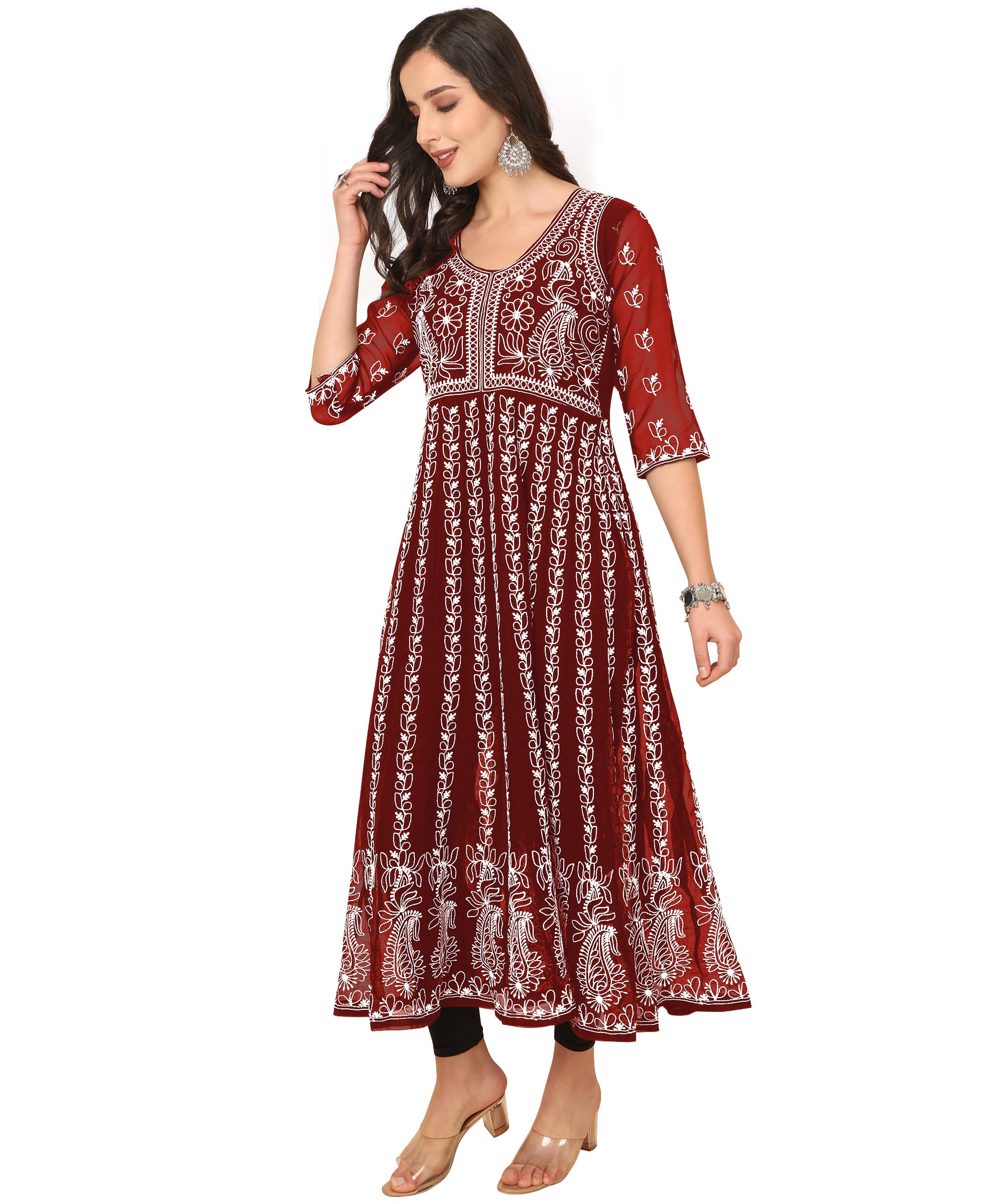 EthnicJunction Women's Georgette Chikankari Embroidery Anarkali Kurta (X Large) (Rust Orange)
