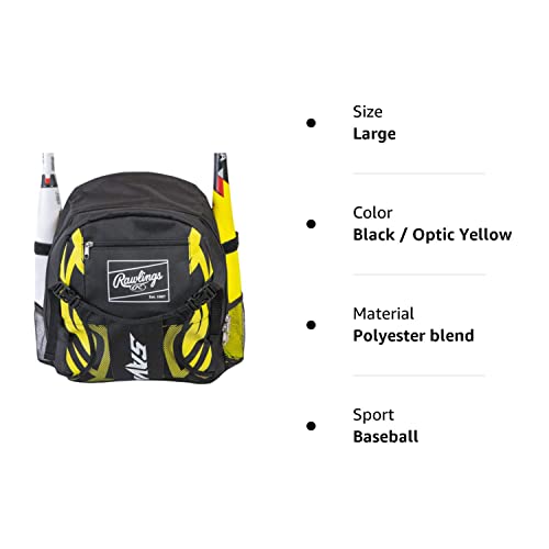 Rawlings Savage Youth Baseball Bag - Kids Bat Bag β Durable Baseball Backpack β Holds Two Bats β Includes Hook to Hang on Fence - Black/Volt