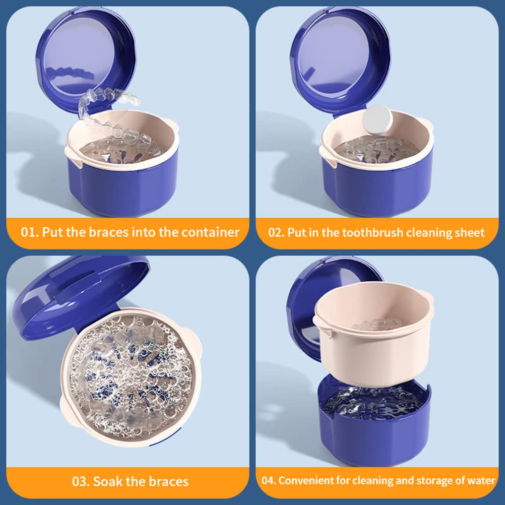 kekafu Denture Bath Box Cup, Denture Bath Case with Strainer Basket, False Teeth Storage Box Holder, Retainer Cleaning Box, Soak Cup ,with braces chewable tablets, Braces removal tool and toothbrush