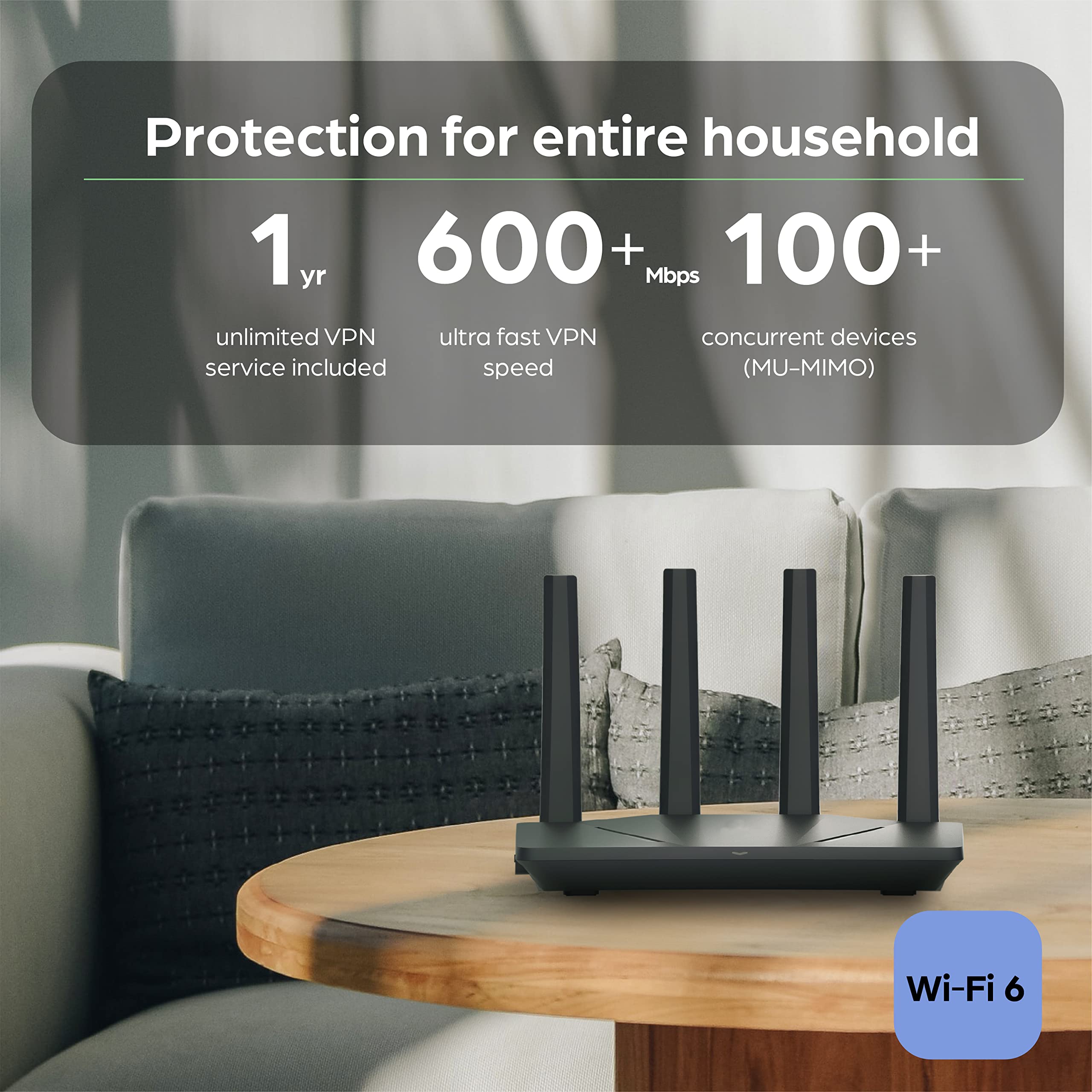 Encrouter Wi-Fi 6 VPN Router (ENC-AX1800A), High-Performance Built-in VPN Smart Home Router, VPN Protection for Your Entire Household, Cloud Access and GEO-IP Unlock, 1-Year Free VPN Subscription