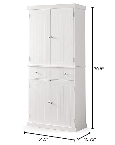 Freestanding Kitchen Pantry Cabinet Tall Storage Cupboard with Doors and Adjustable Shelves for Kitchen, Living Room, Dining Room, White