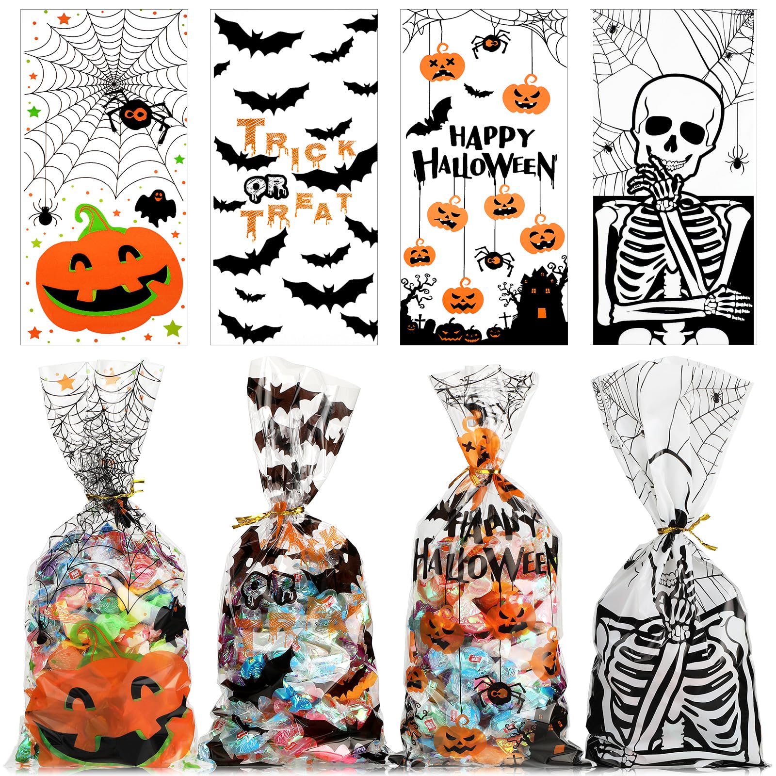 Zonon 160 Pieces Halloween Cellophane Treat Bags Halloween Candy Wrappers Pumpkin Skull Bat Presents Bags Transparent Candy Bag with 200 Pieces Ties for Halloween Party Favors