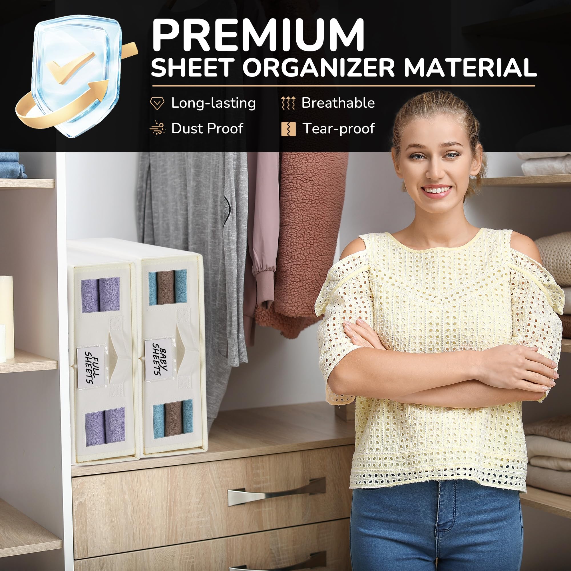 MIYCOO Bed Sheet Organizers and Storage 4 Pack, Bed Sheet Organizer for Linen Closet, Foldable Sheet Organizer (Queen & King Size) with Window and Label for Blanket, Bed Sheet Set, Beige