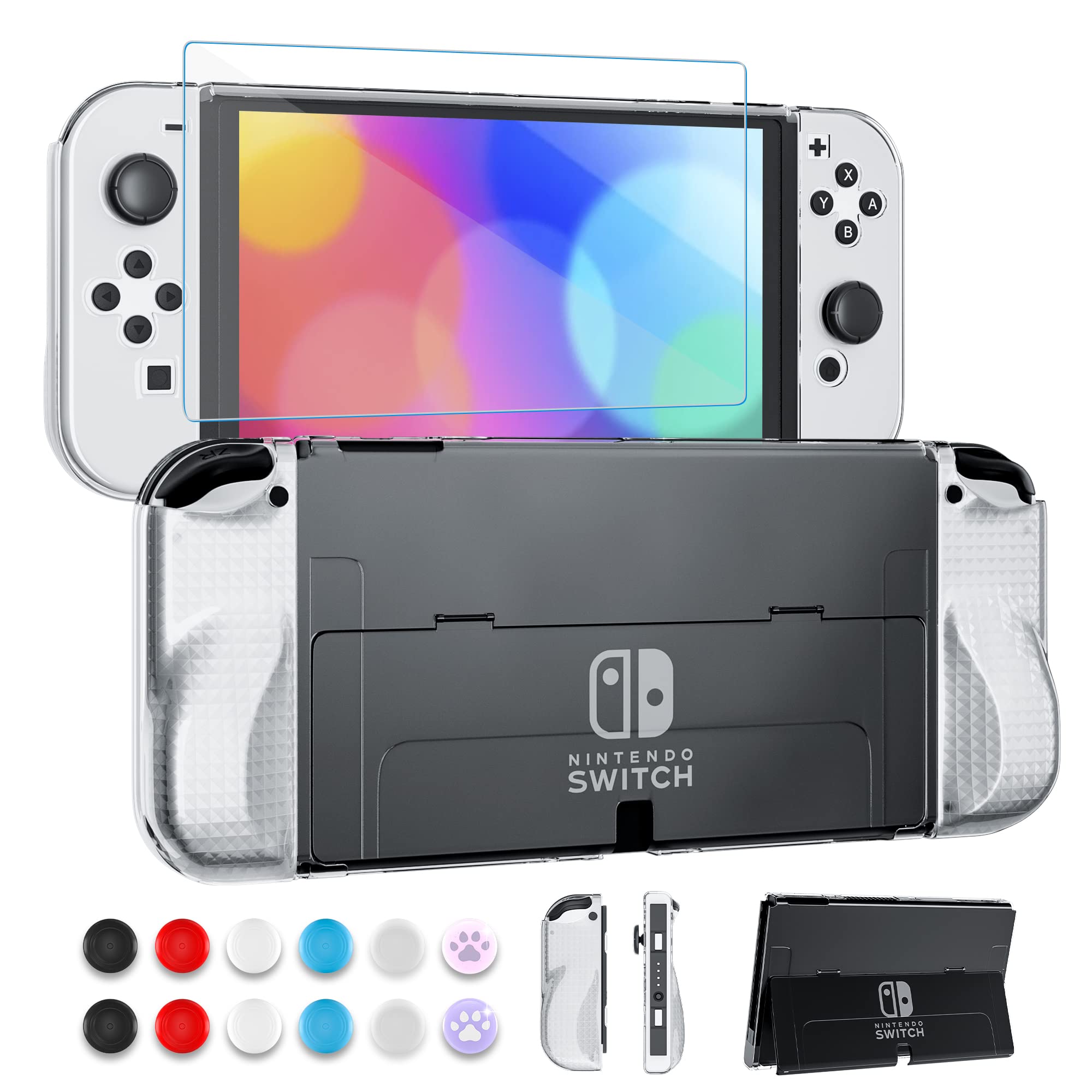 GLDRAM Clear Case Set for Nintendo Switch OLED 2021, Upgrade Protective Case with PC Cover for Switch OLED Console, Transparent Lattice Pattern TPU Joycon Grip Case, Screen protector and Thumb Caps
