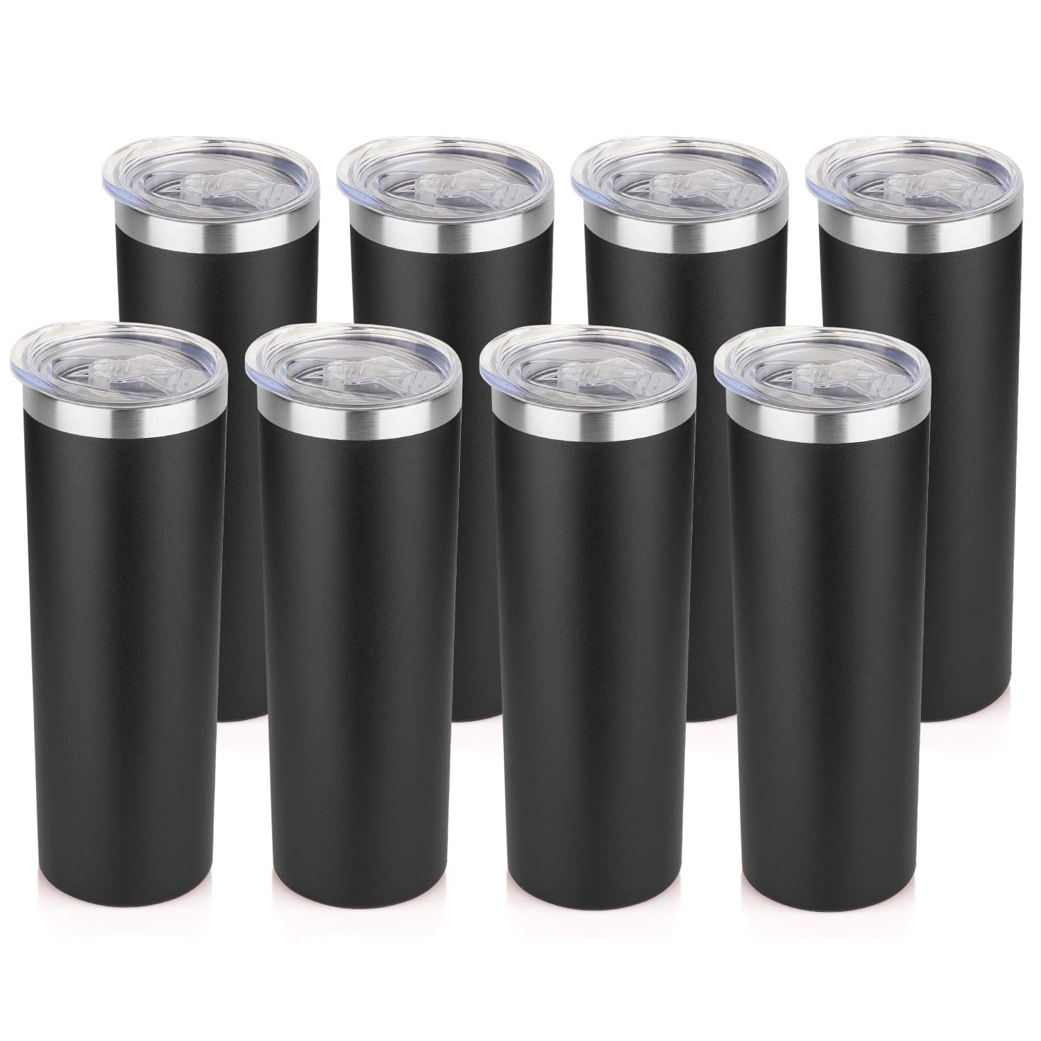 HASLE OUTFITTERS 20 oz Skinny Tumblers Bulk Set, Stainless Steel Insulated Slim Tumblers with Lids, Reusable Double Wall Travel Coffee Mugs, Durable Powder Coated Travel Water Cups(Black, 8)