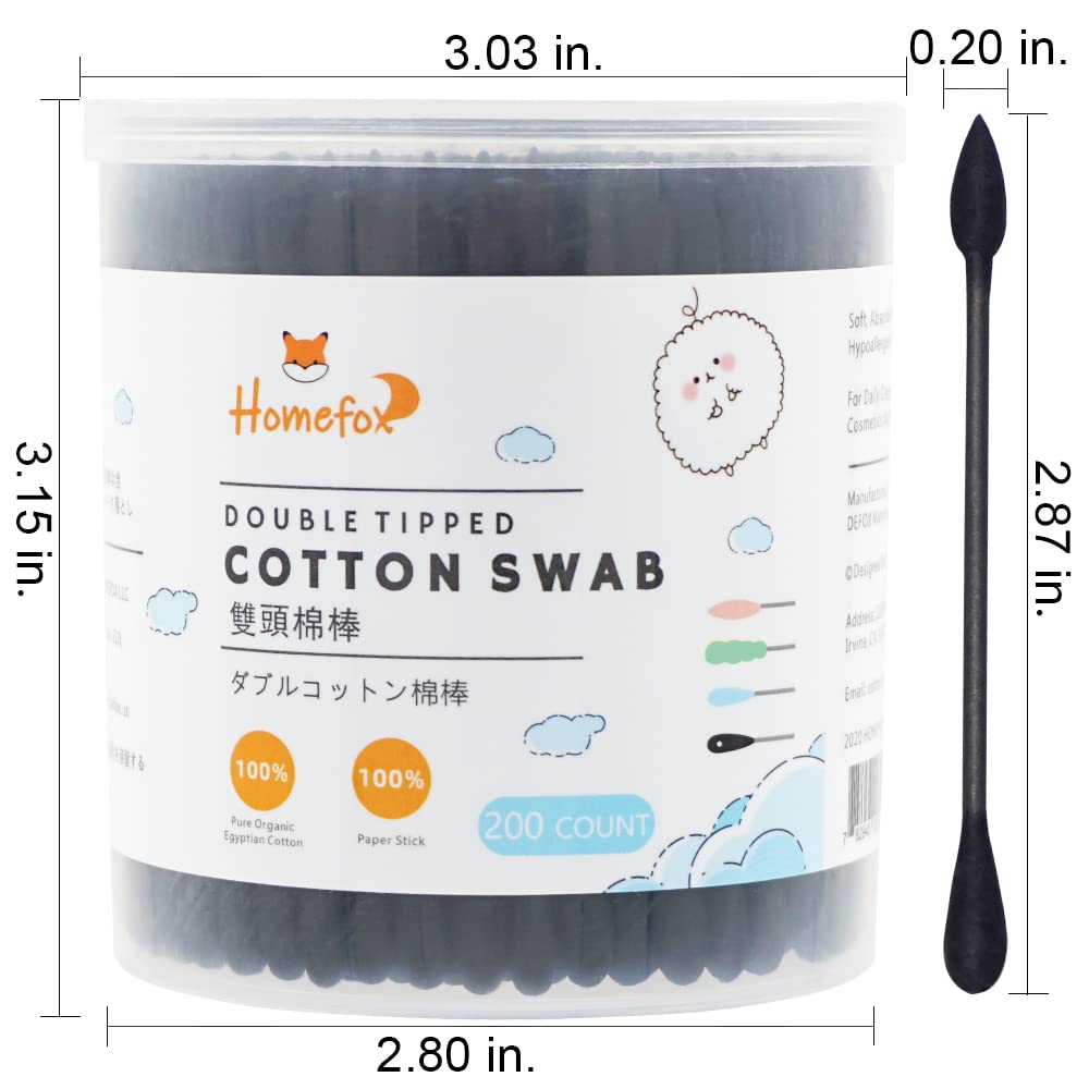 HOMEFOX Black Cotton Swabs Precision Pointed - 200 Count Organic Pointy Pointed Cotton Buds Double Side Tightly Wrapped Charcoal Cotton Tip Paper Stick Soft Gentle Cruelty-Free, Pointy & Round (Black)