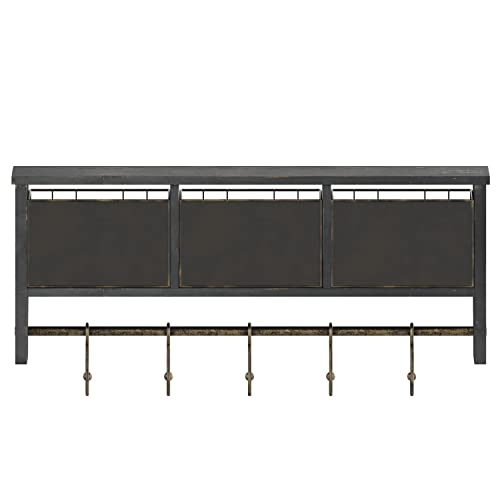 Merrick Lane Enid Wall Mount 24 Inch Solid Pine Wood Storage Rack with Upper Shelf, 5 Hooks, and Wire Baskets for Living Room, Kitchen, or Entryway in Blackwashed