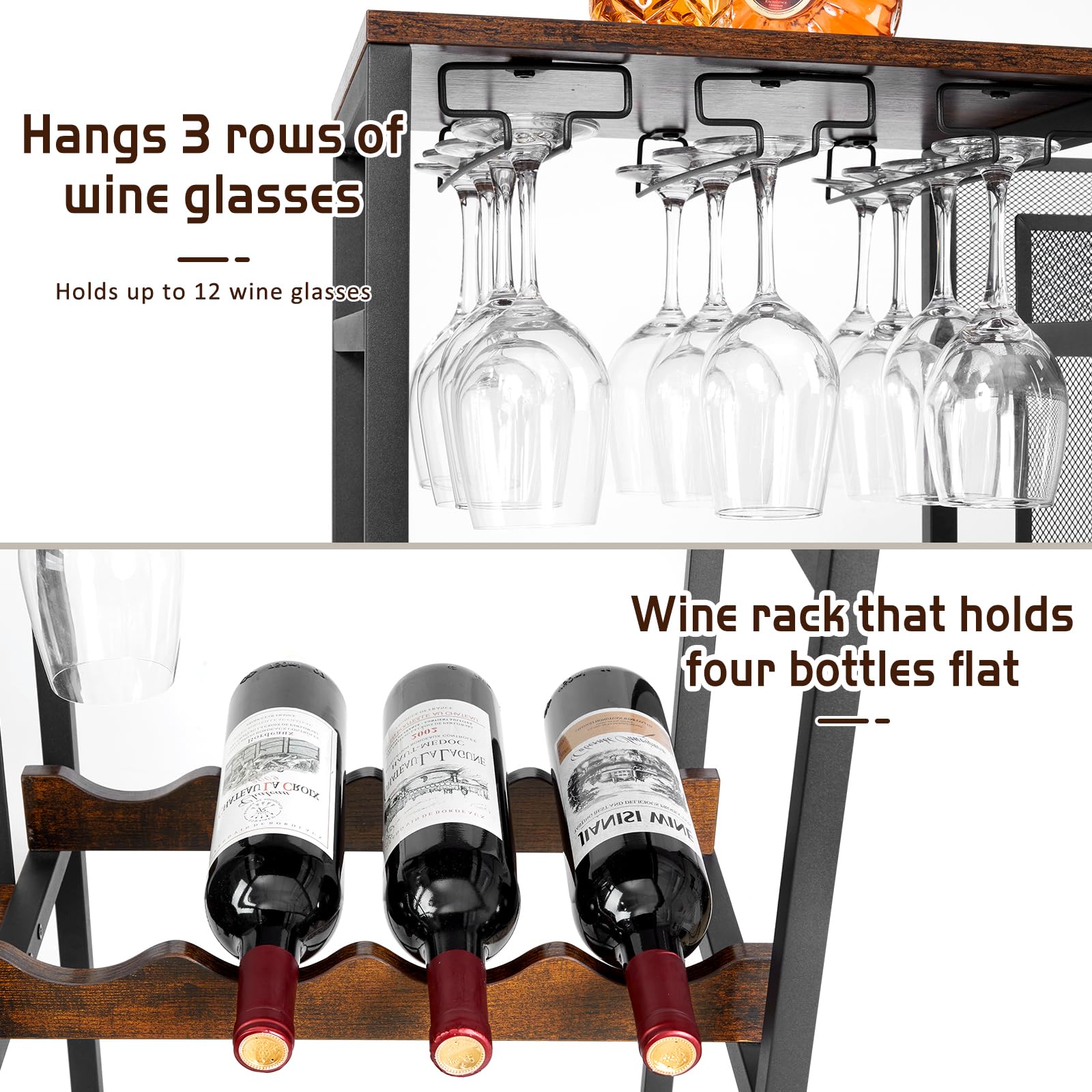 Versatile Liquor Stand for Home Bar, Wine Rack Freestanding Floor, Mini Bar Table for Liquor Whiskey Wine, 3-Tier Trapezoidal Liquor Bottle Display Shelf with Glass Holder and Fences(Patent Pending)