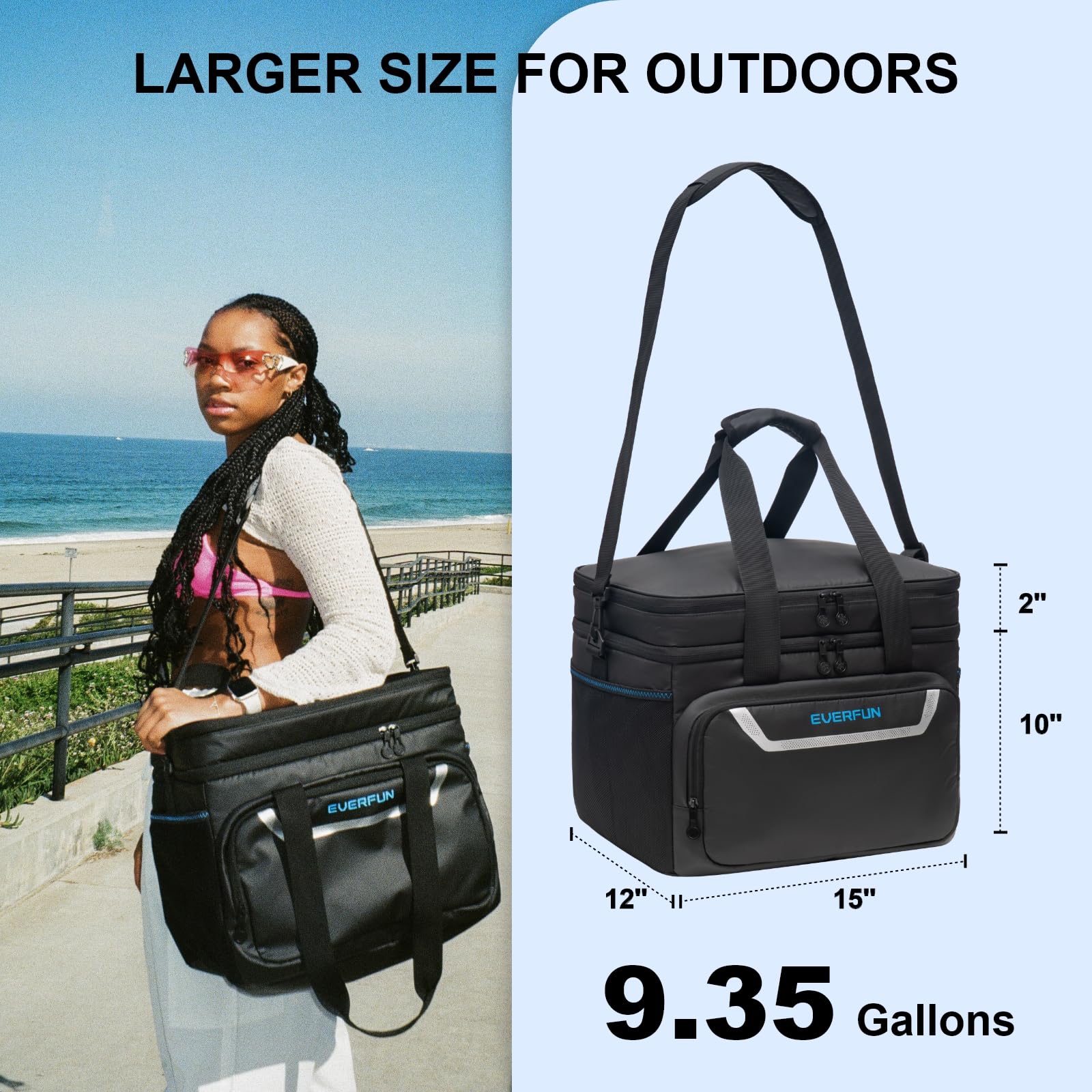 EVERFUN Large Soft Cooler Bag Travel Beach Insulated Cooler for Men 48 Can Dual Compartments Collapsible Waterproof Leak-proof for Camping Picnic, Black