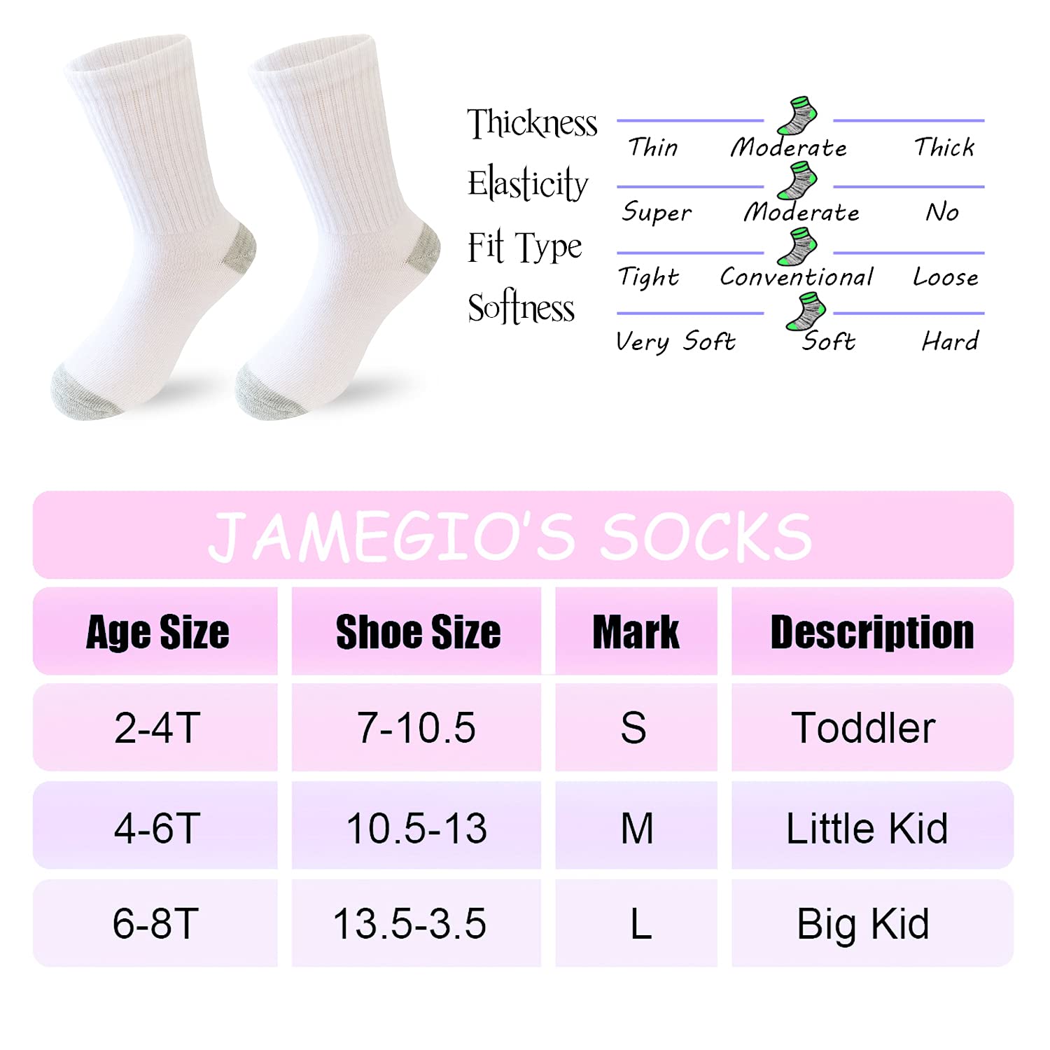 JAMEGIO Boys Crew Socks 12 Pairs Stretch Cushioned Athletic Cotton Socks for Big Little kids,Socks for Boys Age 2-8(4-6 Years)
