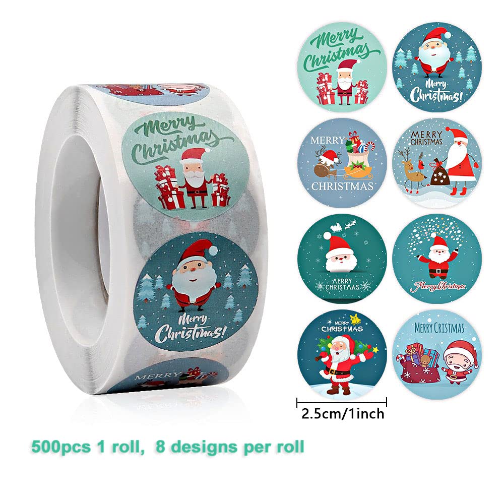 MTYTOT 1000 Pieces Christmas Sticker for Envelope, 1" Round Merry Christmas Sticker, 8 Designs Christmas Decoration Envelope Seal Sticker Card Gift Envelope Box(2 Roll 16 Designs 1inch)