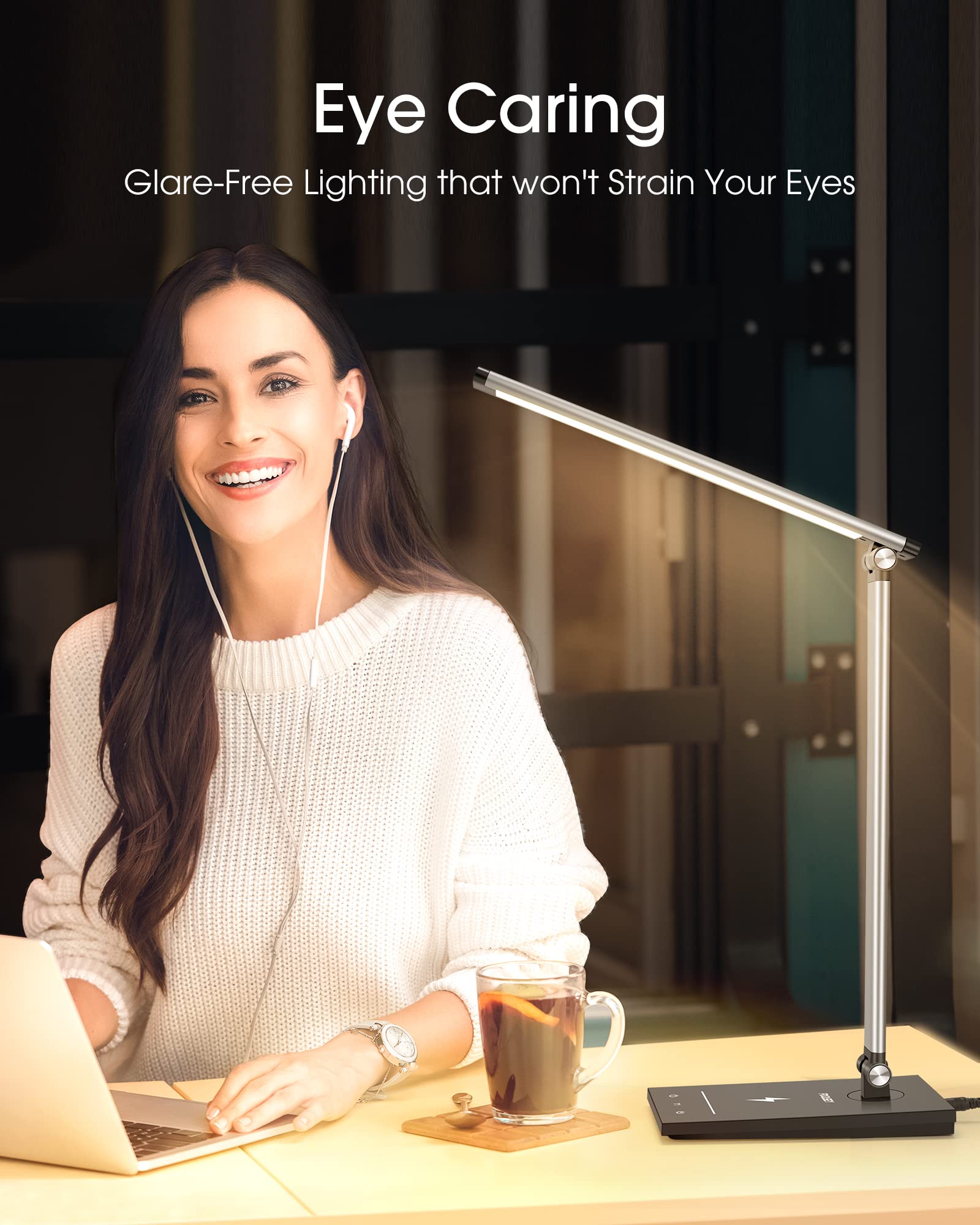 FOCASEY LED Desk Lamp with Wireless Charger,USB Charging Port,Eye-Caring Desk Lamps for Home Office,Touch Control Table Lamp with 25 Lighting Modes,Desk Light for Study,Reading,Office,Black
