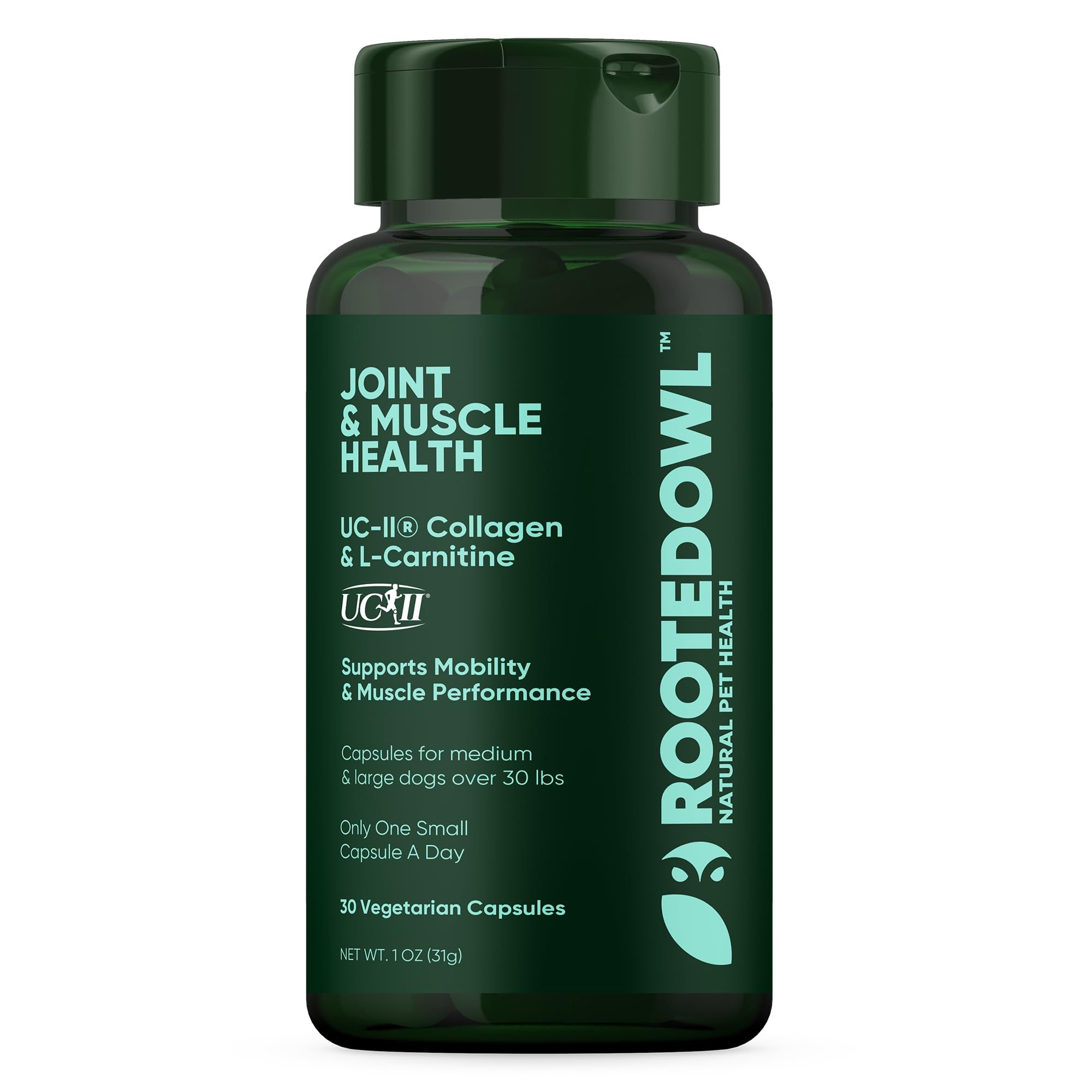 Rooted Owl Joint and Muscle Health - Hip and Joint Supplement for Dogs with UC-II Type II Collagen and L-Carnitine - Medium and Large Dog Joint Supplement - 30/ct