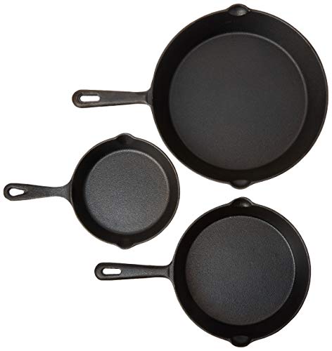 Jim Beam Su Set of 3 Pre-Seasoned Cast Iron Skillet Set | Heavy-Duty Construction for Superior Heat Retention & Even Cooking,6 1/4,7 3/4,9 3/4 , Black