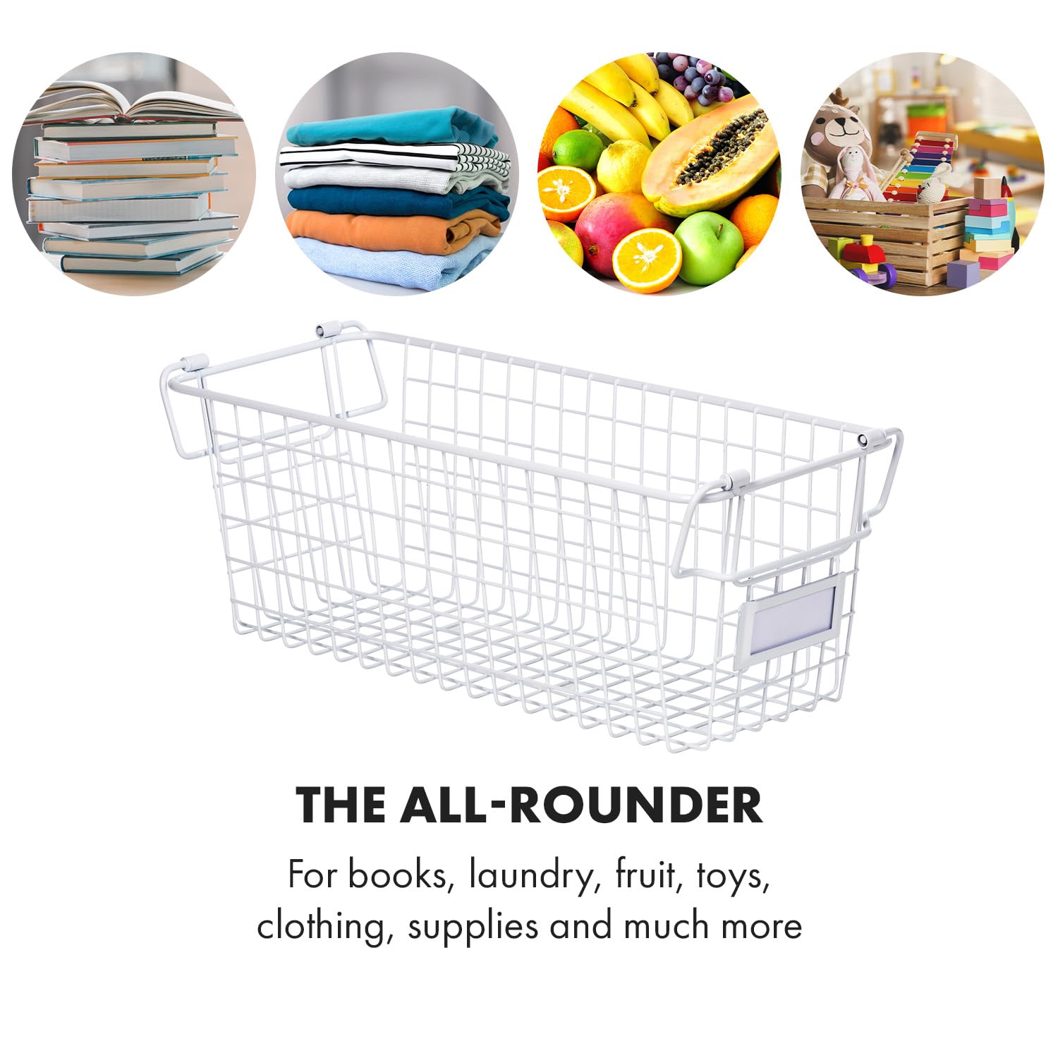 Granrosi Stackable Wire Baskets for Organizing - Set of 2 White Wire Storage Baskets with Handles; Freezer Baskets; Snacks & Chips Organizer for Pantry