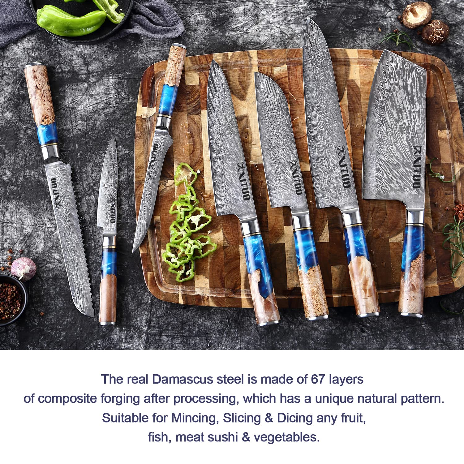 XT XITUO Kitchen Chef Knife Set 7 Piece, Chef Knife, 8'' Bread Knife, 7''Santoku knife Damascus Steel-VG10 Blue Resin Wood Handle -Gift Box - w/knife Sheath (7PC Chef Knife Set)