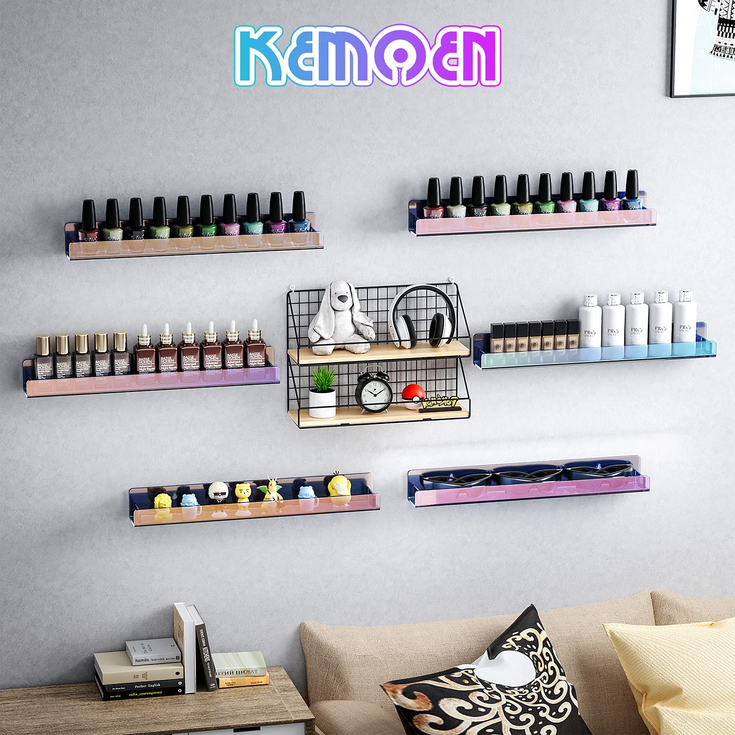KEMOEN Nail Polish Organizer Holder - Acrylic Rainbow Storage Shelves for Wall - 6 Pack, 15" Thickened Display Stand - and Also Organizing Books, Glasses, Small Pendants, Lipstick, and More.