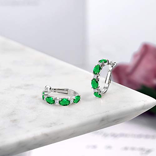 Gem Stone King 925 Sterling Silver Green Nano Emerald and White Lab Grown Diamond Hoop Earrings For Women (3.43 Cttw, Oval 6X4MM)